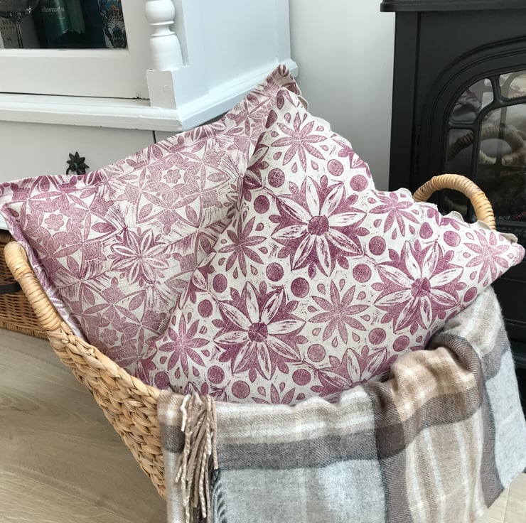 Hand Printed Linen Cushion - RUNA - Raspberry Red - Folksy