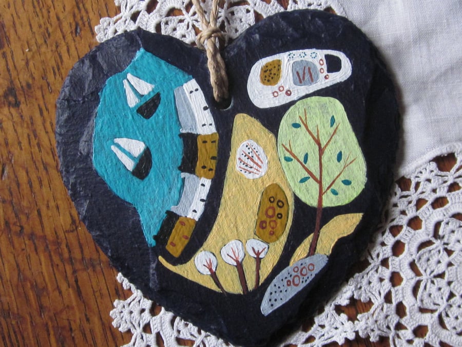 Original painting on slate heart - Folksy