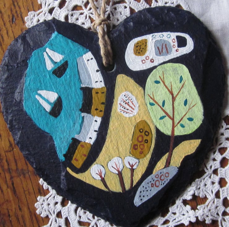 Original painting on slate heart - Folksy