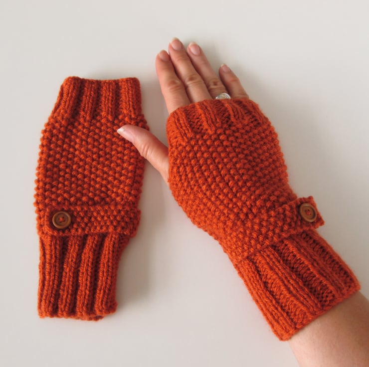 Fingerless Gloves in Burnt Orange Aran Wool - Folksy