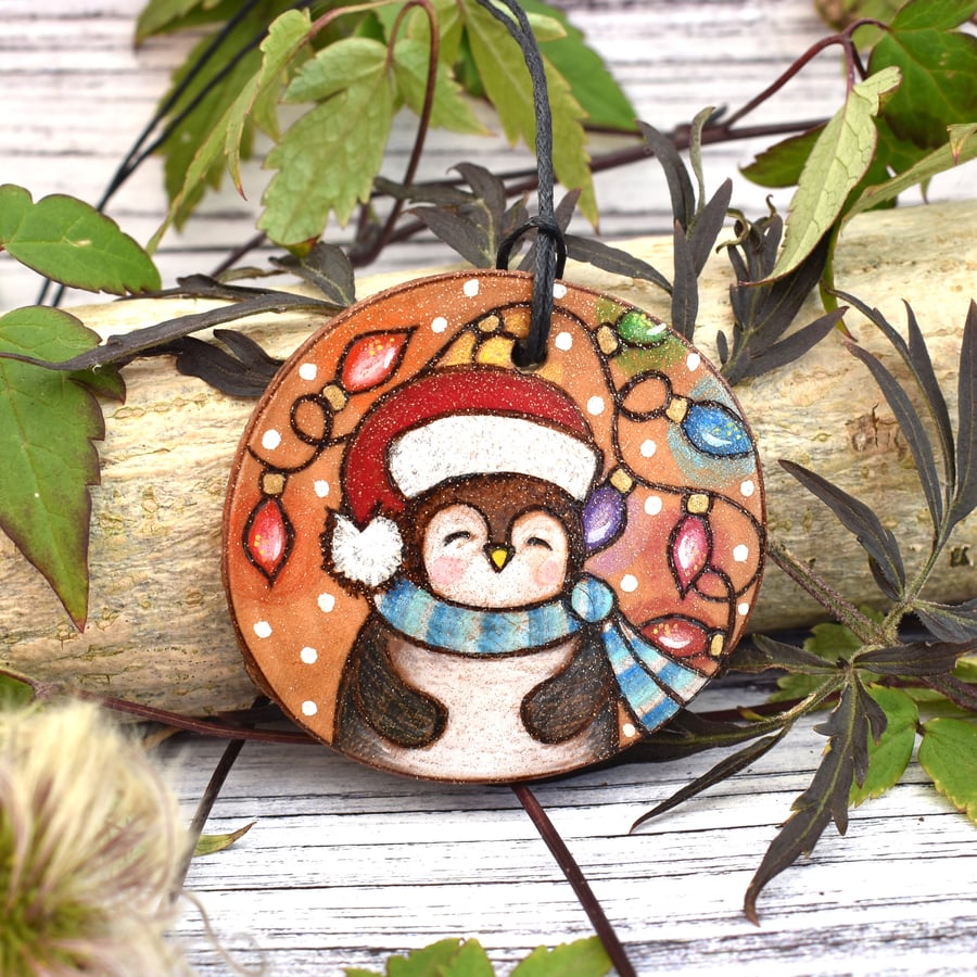 Festive Penguin hanging disc. Pyrography cute p... - Folksy