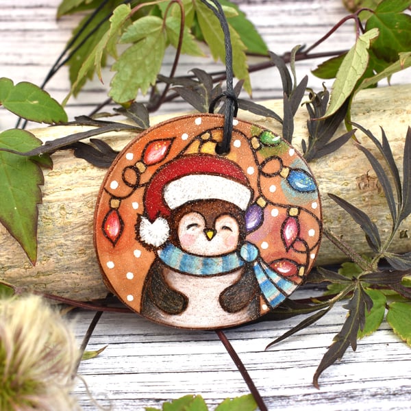 Festive Penguin hanging disc. Pyrography cute p... - Folksy
