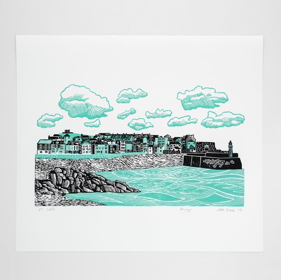 "St Ives" two colour lino print, Corn... - Folksy
