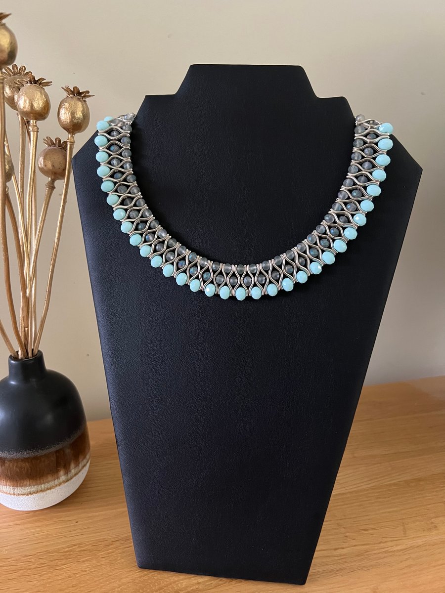 Collar Necklace - Pearlescent Grey & Sky Blue - Folksy