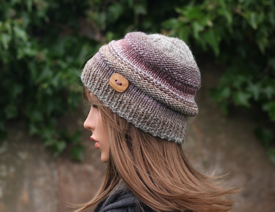HAT knitted chunky oatmeal beige mauve cream, w... - Folksy