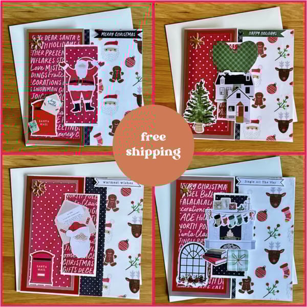 Cards. Set of four unique handmade Christmas ca... - Folksy