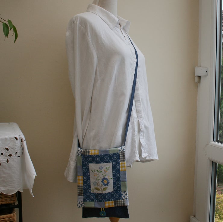 SALE Blue Patchwork Messenger Bag with recycled... - Folksy