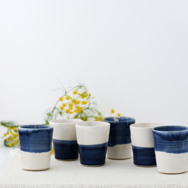 Blue and creamy white ceramic tumbler cup beake... - Folksy