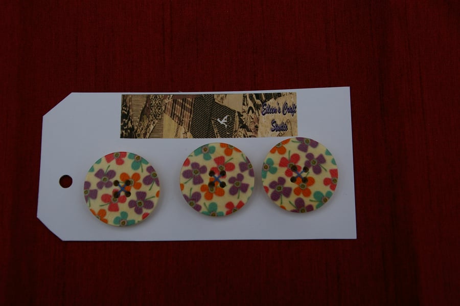 Buttons 3 large wooden flower printed buttons - Folksy
