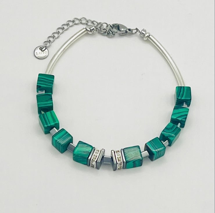 Green Malachite Cube Stone Bracelet in Silver S... - Folksy