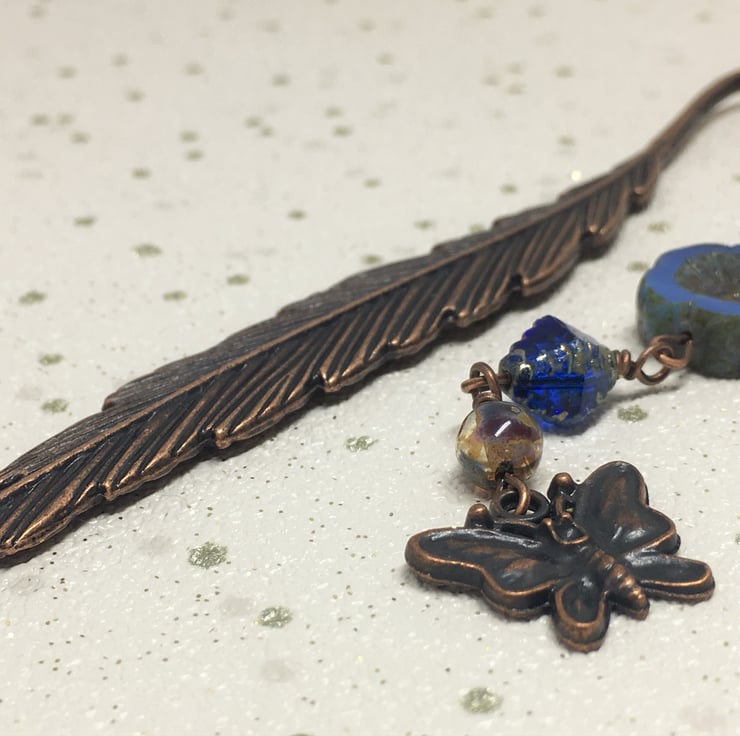 Copper feather blue beaded bookmark - Folksy