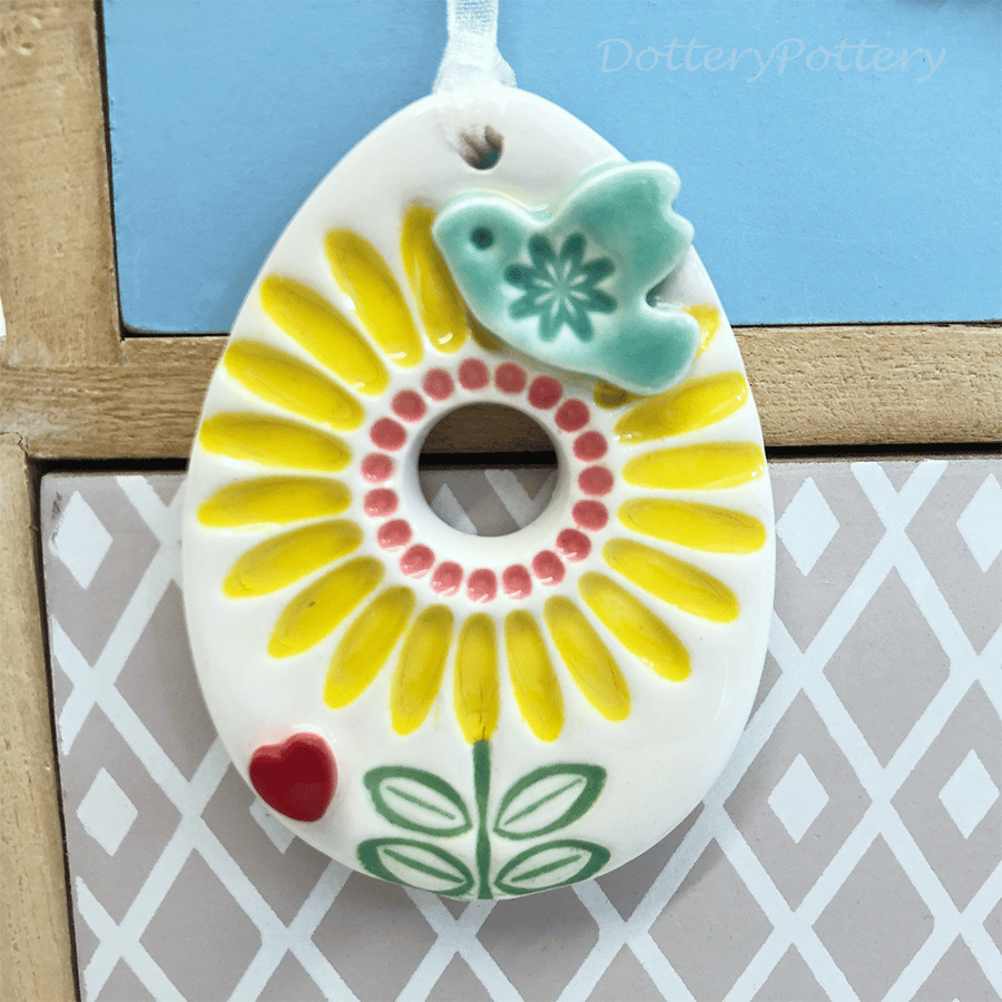 Pottery Easter Egg decoration with yellow flowe... - Folksy