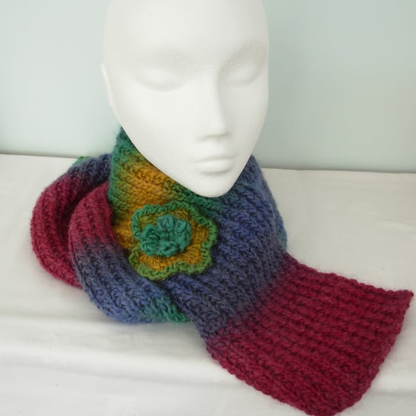 Knitted Scarf with crochet flower - Folksy