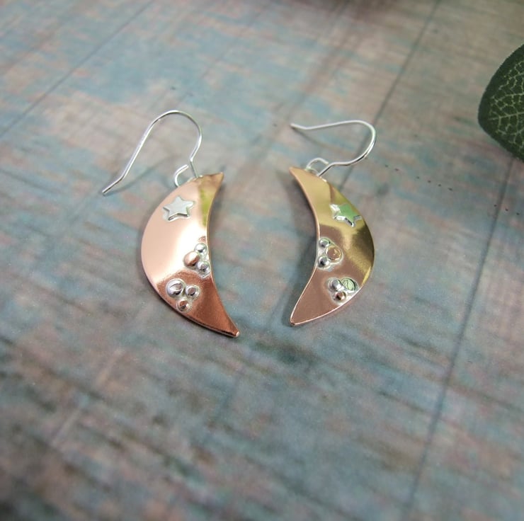 Earrings, Sterling Silver and Copper Moon &... - Folksy