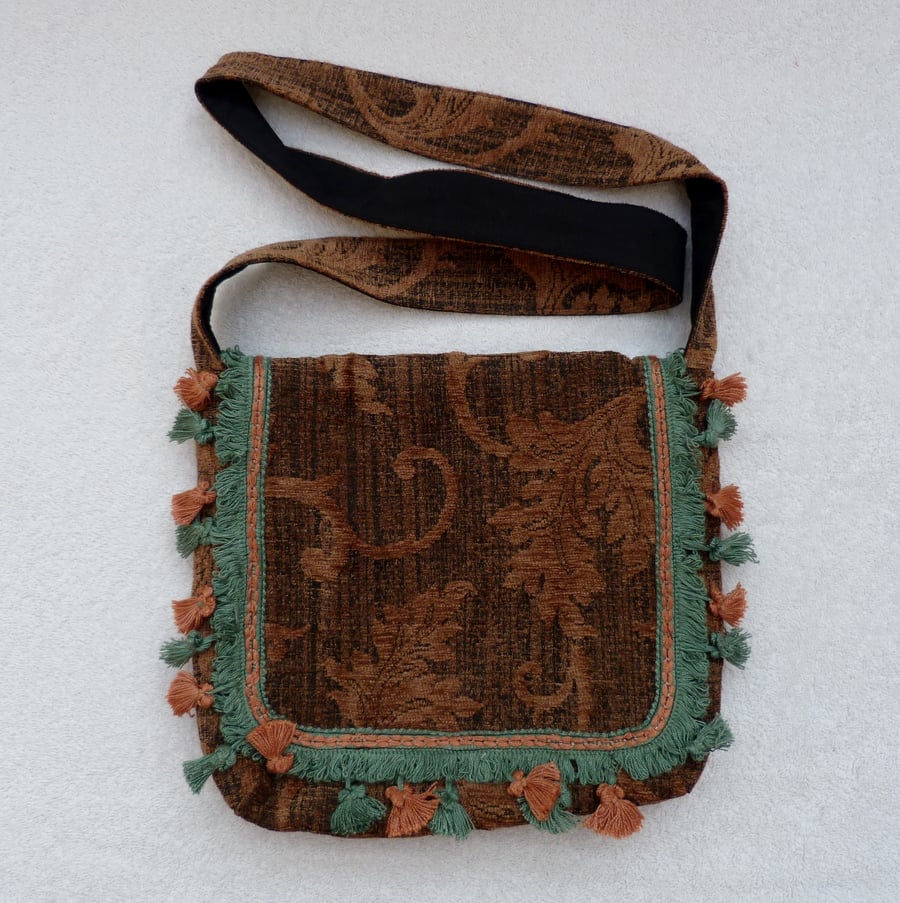 Upholstery Fabric Shoulder Bag with Tassel Trim... - Folksy