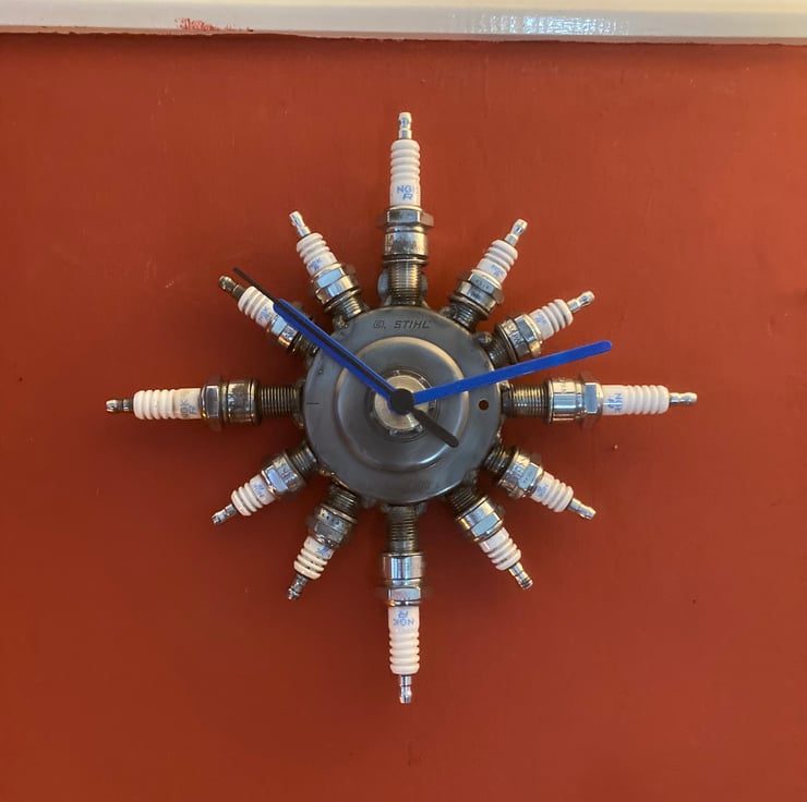 Sunburst Wall Clock, Repurposed Spark Plugs - Folksy
