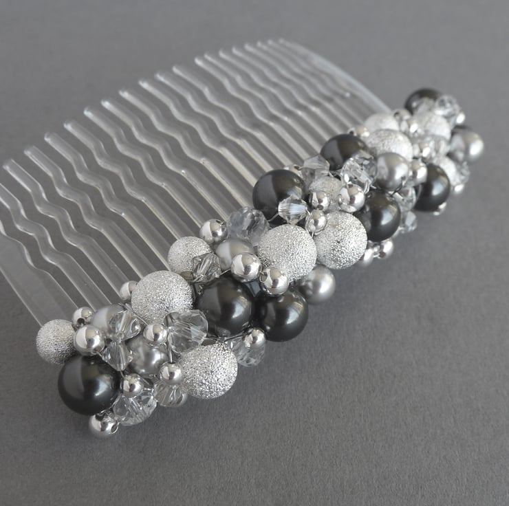 Dark Grey Stardust Hair Comb - Pearl and Crysta... - Folksy