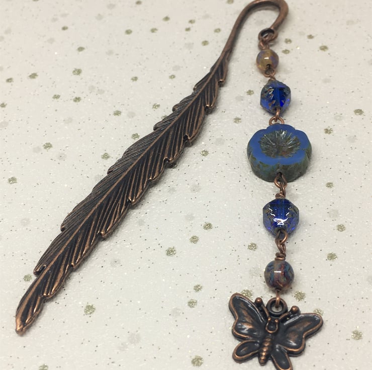 Copper feather blue beaded bookmark - Folksy