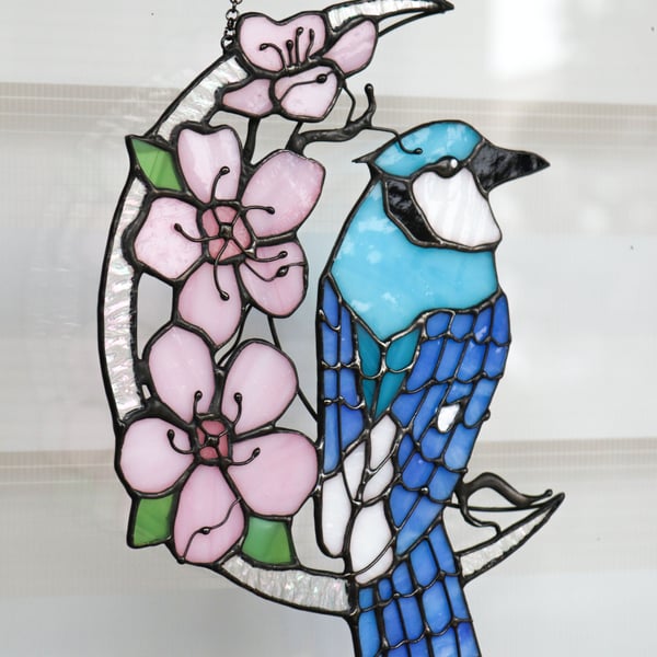 Suncatcher Blue jay with sakura on crescent moo... - Folksy