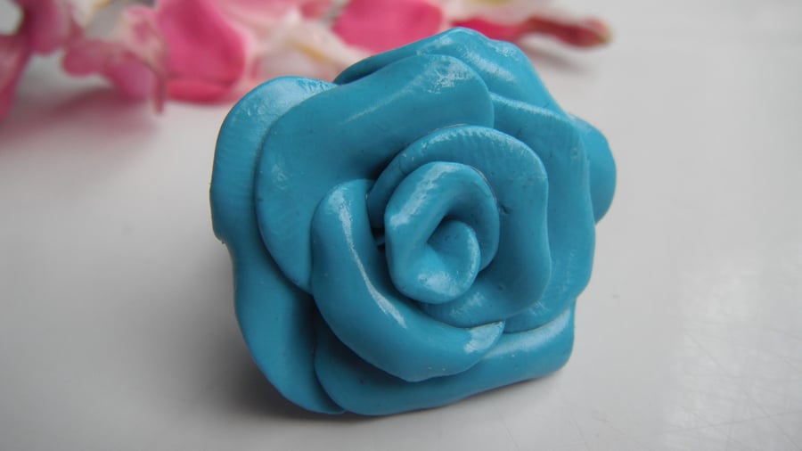Large Turquoise Blue Fimo Rose Ring - Folksy