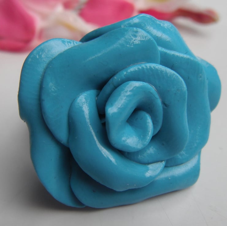Large Turquoise Blue Fimo Rose Ring - Folksy