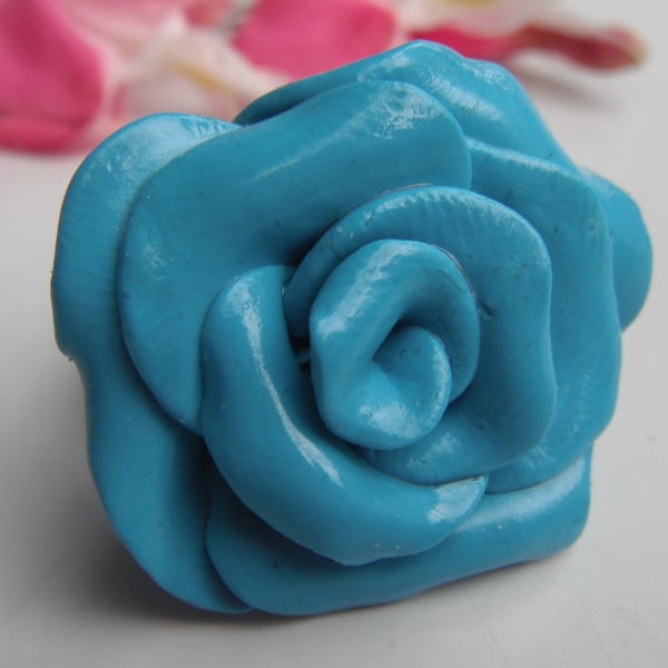 Large Turquoise Blue Fimo Rose Ring - Folksy