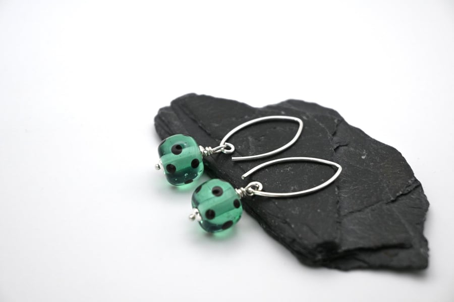 green and black polka dot lampwork glass earrings - Folksy