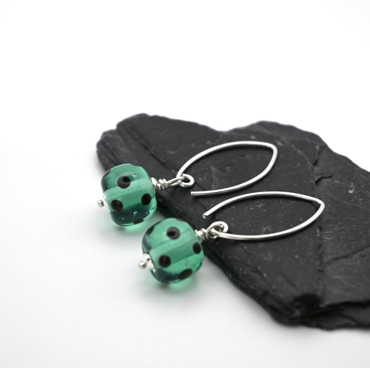 green and black polka dot lampwork glass earrings - Folksy