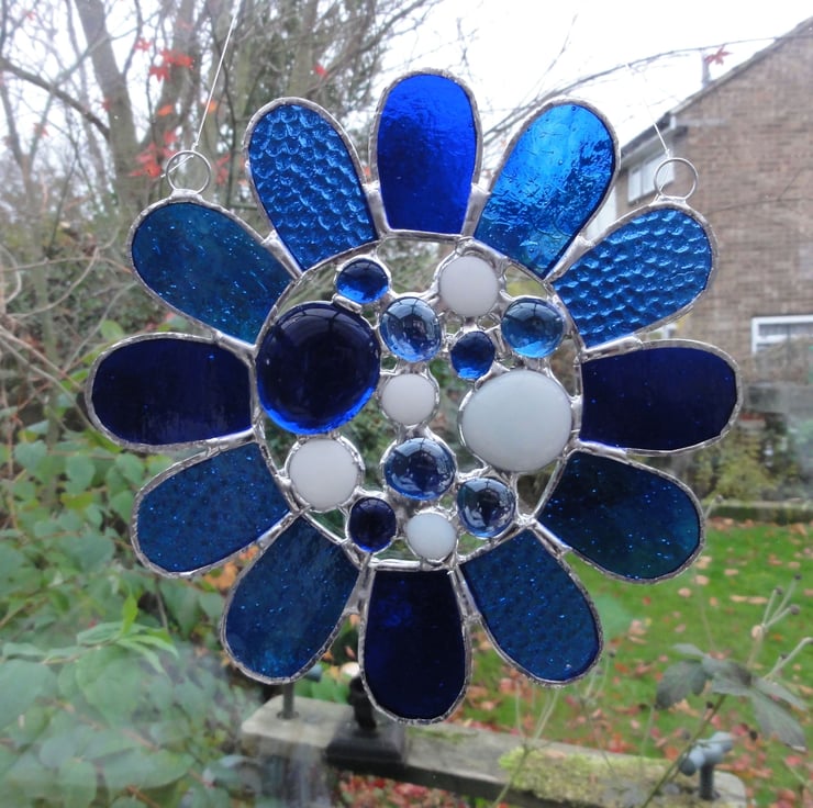 Stained Glass Bead Daisy Suncatcher - Blue - Folksy