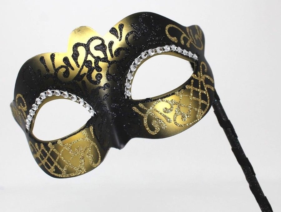Black and Gold Masquerade Mask on a Stick - Folksy