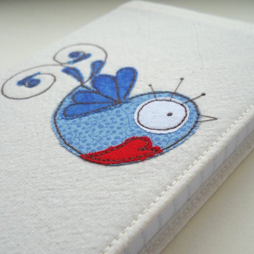 embroidered notebook - blue bird fabric cover - A6 - Folksy