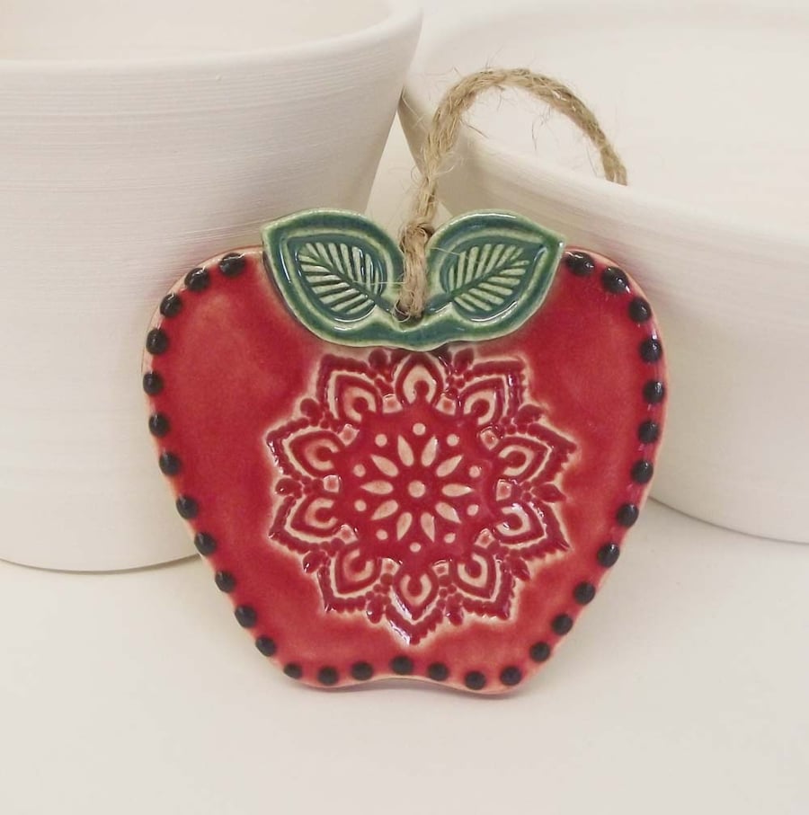 ceramic Folk art style red apple decoration - Folksy