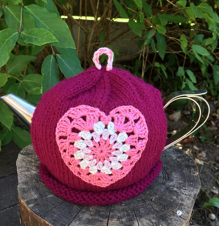 Crochet Heart Tea Cosy, Pink Granny Stitch Hear... - Folksy