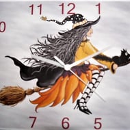 witch wall clock witch on broomstick with black... - Folksy