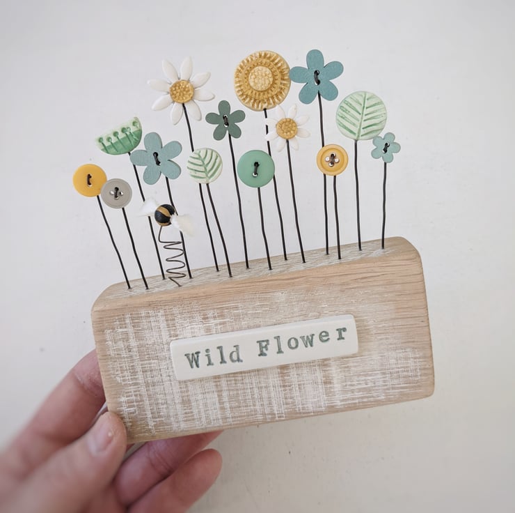 Clay and Button Garden with Bee in Wood Block '... - Folksy
