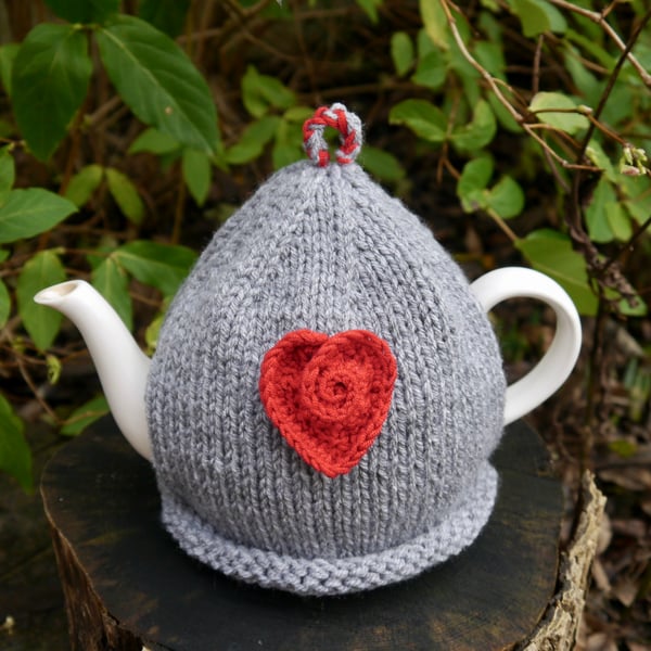 Large Grey Tea Cosy With Red Rose Heart - Folksy