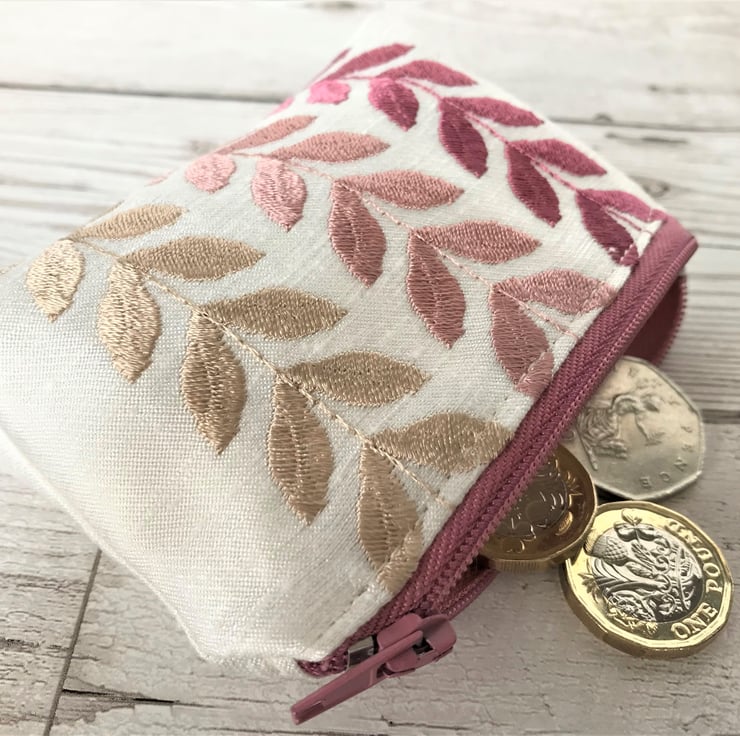 Small purse, coin purse in ivory with pink leaf... - Folksy