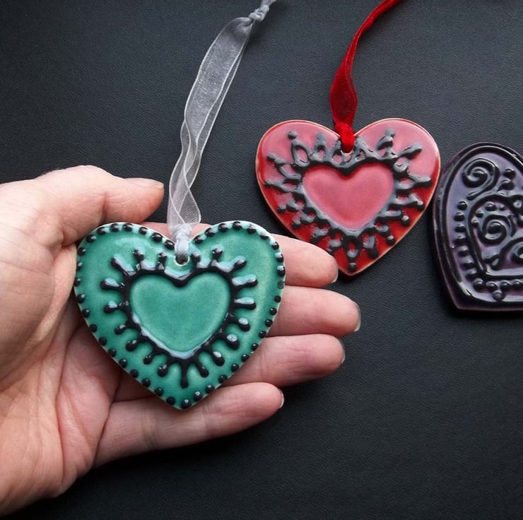 Set of three ceramic heart decorations - Folksy