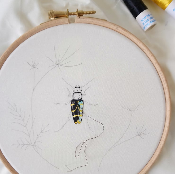Hand Embroidered Silk Wasp Beetle with Cow Parsley - Folksy