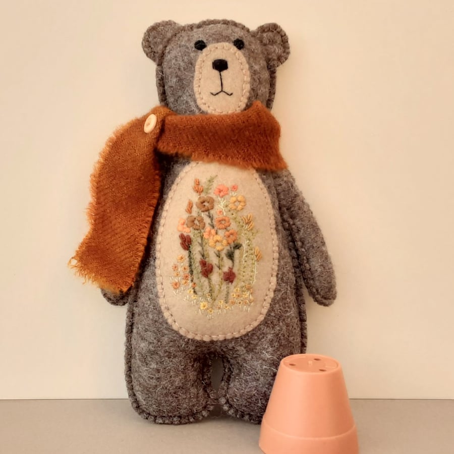 Woodland hand embroidered teddy bear. Unique ke... - Folksy