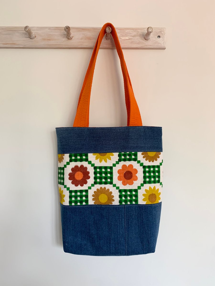 Vintage barkcloth and reclaimed denim tote with... - Folksy