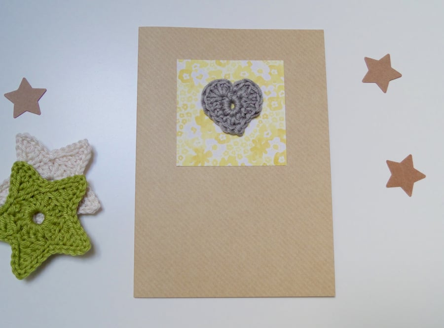 Crochet Heart Card - Grey and Yellow - Folksy