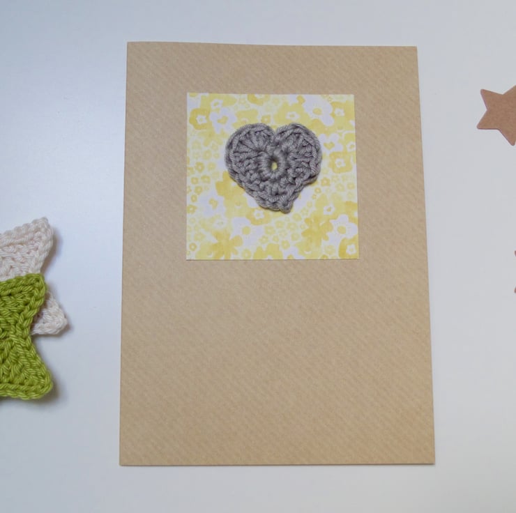 Crochet Heart Card - Grey and Yellow - Folksy