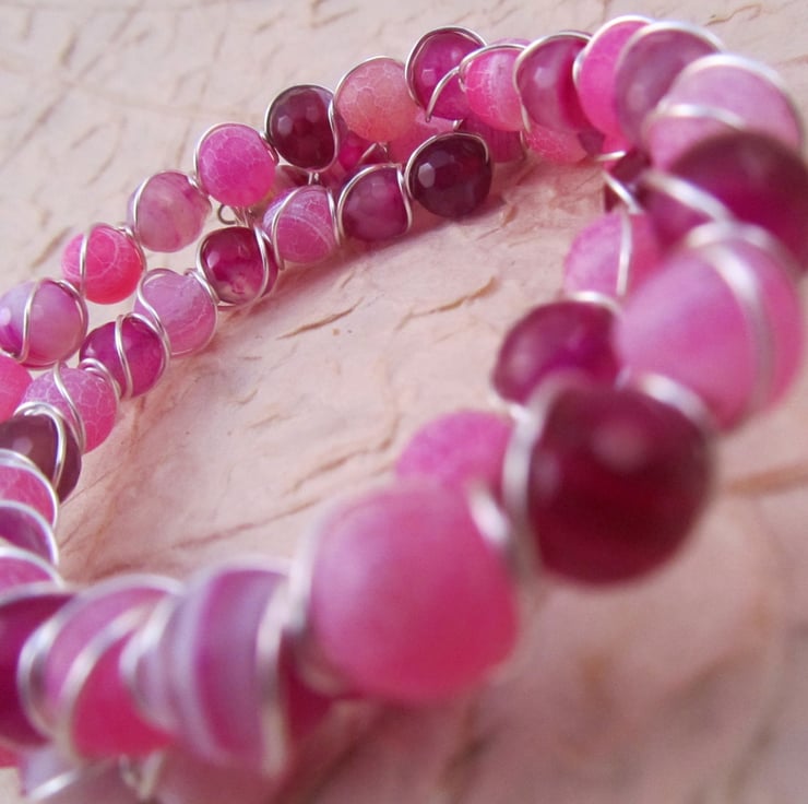 Pink Agate Wire Wrapped Memory Wire Bracelet - Folksy