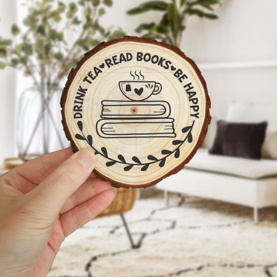 Tea and Books Coaster - Wooden Bookworm Coaster... - Folksy