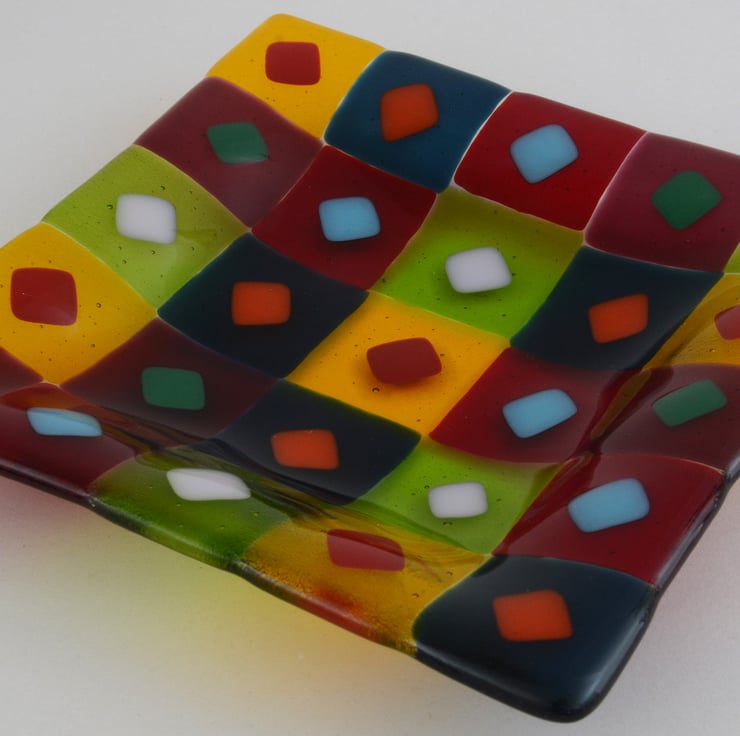 Colourful Glass Dish with Pattern of Squares - Folksy