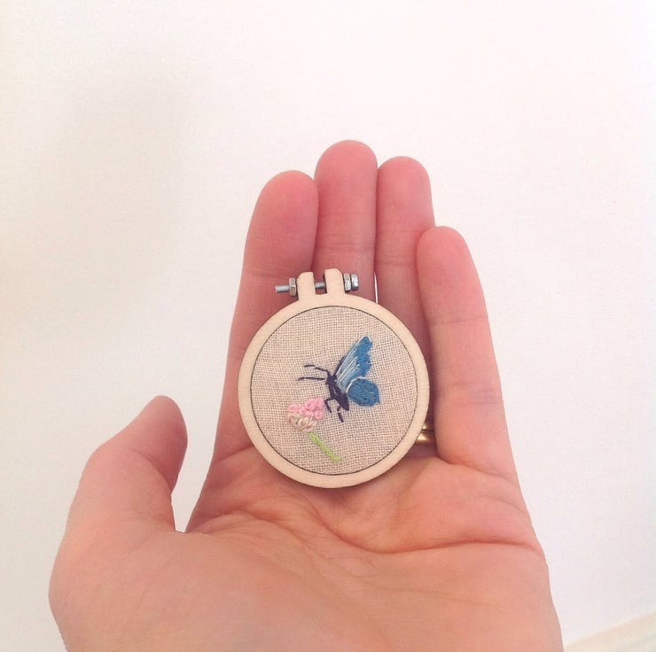 Hand Embroidered Butterfly Mini Hoop Brooch - Folksy