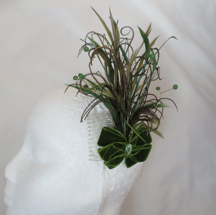 Olive Moss Green Velvet Bow Feather Regency Hai... - Folksy