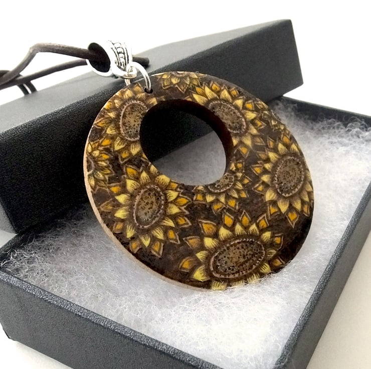 Pyrography Swirling Sunflower Pendant, Wooden C... - Folksy