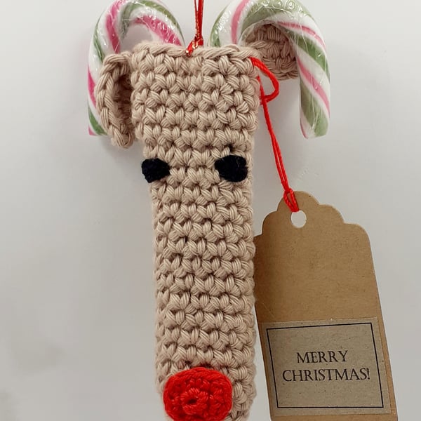 Crochet Rudolph Candy Cane Decoration - Folksy